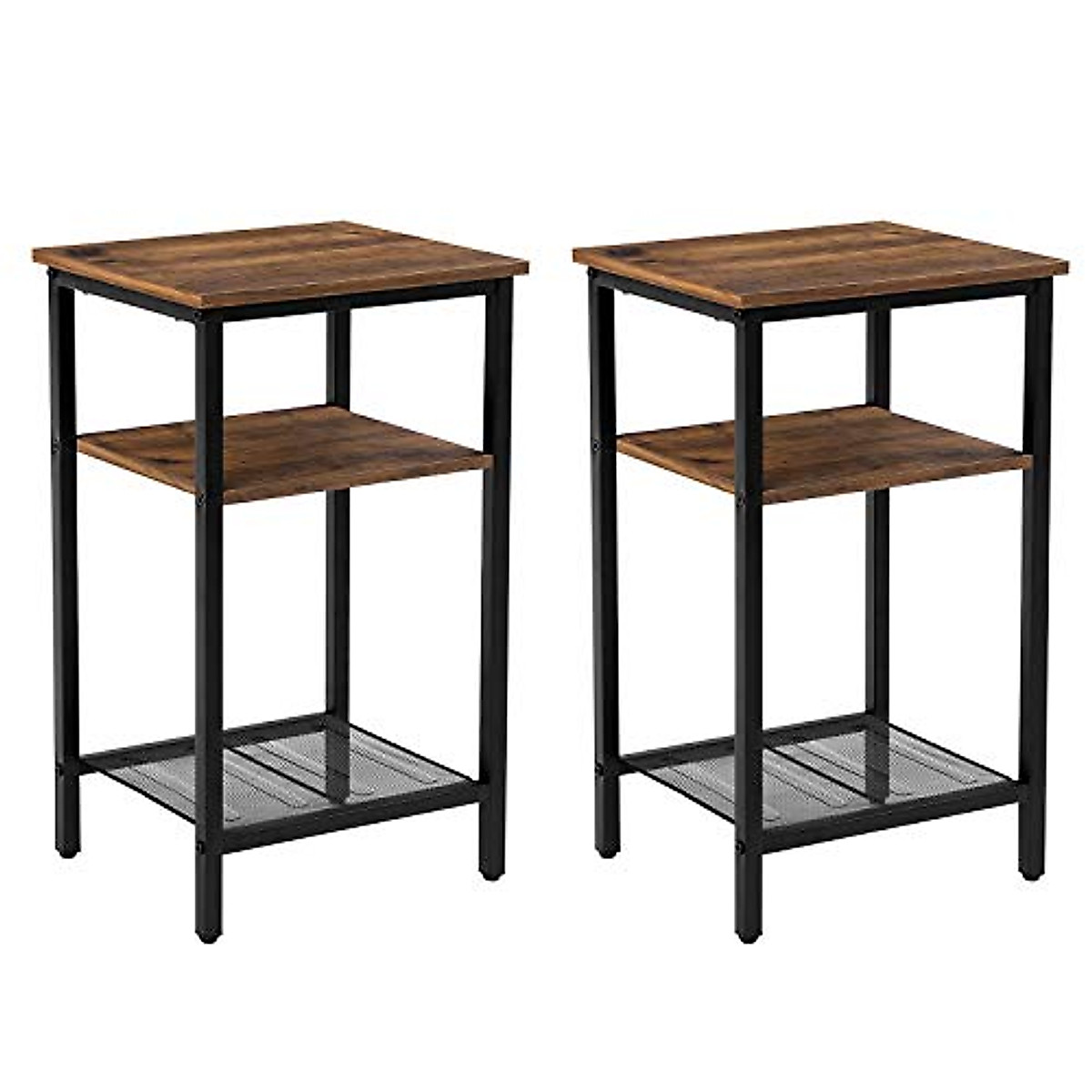 VASAGLE Nightstands Set of 2, 3-Tier End Table, Side Desk for Small Space in Living Room, Bedroom, Steel Frame, Easy Assembly, 2-Pack, Chestnut Brown and Black