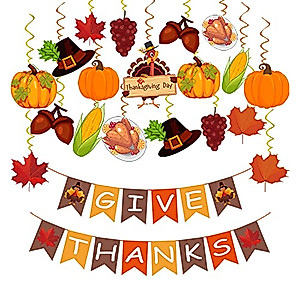 42Pcs Thanksgiving Decorations Pre-Assembled GIVE THANKS Banner Hanging Swirls for Indoor Outdoor Thanksgiving Decor Thanksgiving Decorations for Home
