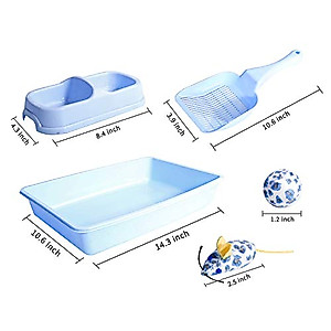 PAWISE Kitty Litter Box Set Includes 4-Pieces - Shallow Cat Litter Pan, Cat Litter Scooper, Cat Bowls, Cat Mouse Toy, 14.5x10.5 Inches, Blue