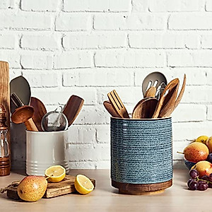 DOWAN Utensil Holder, 360° Rotating Extra Large Cooking Utensil Holder, 7.2" Kitchen Utensil Holder for Countertop, Utensil Crock for Farmhouse Kitchen Decor, Ceramic Stable Utensil Caddy, Blue