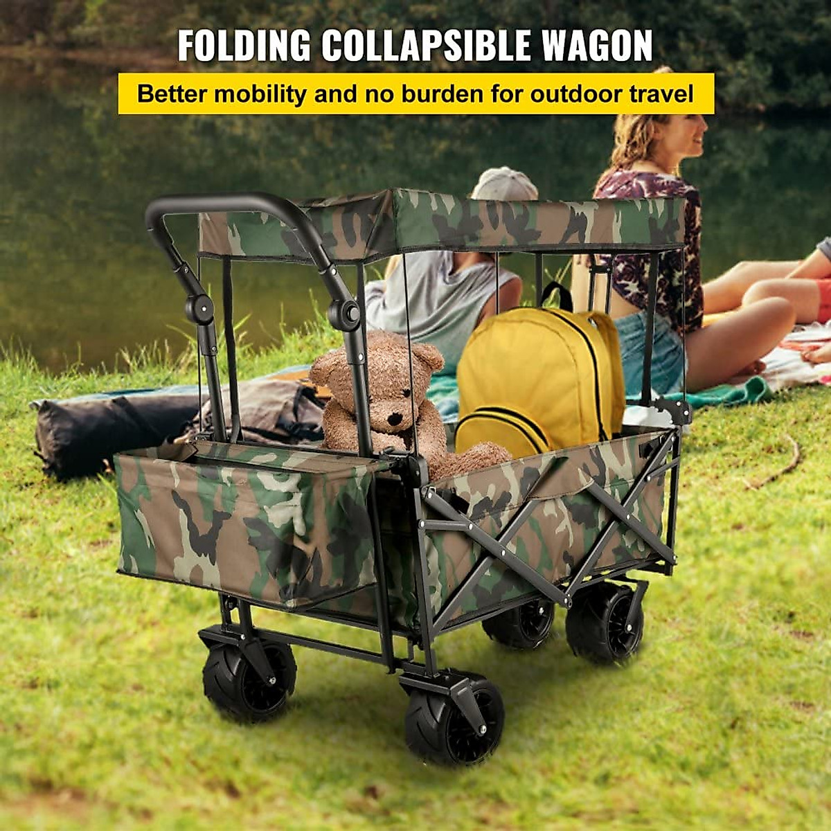 Collapsible Folding Wagon with Removable Canopy - Heavy Duty Utility Cart for Garden, Camping, and Beach with Wheels and Rear Storage - Camouflage