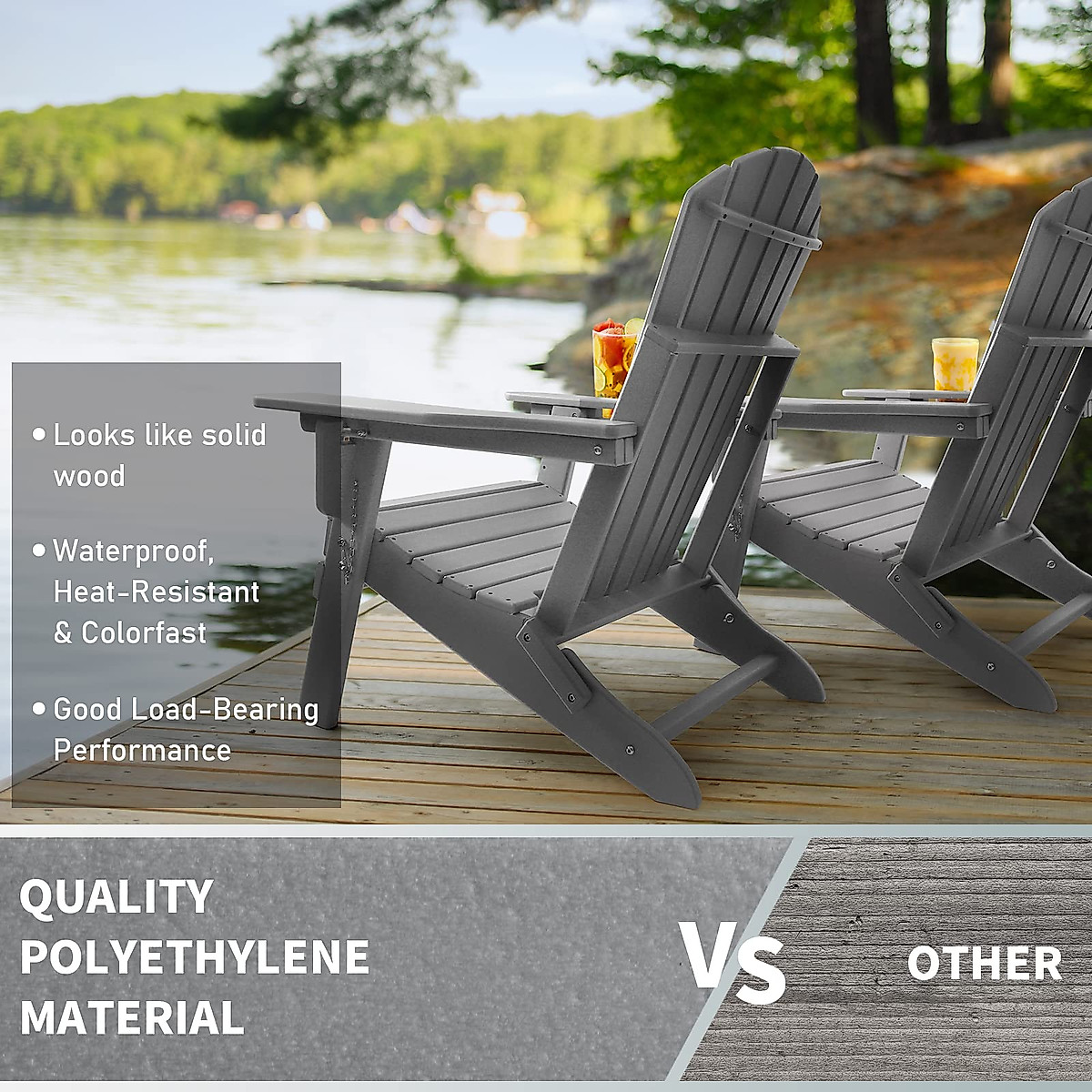 FUNBERRY Plastic Adirondack Chairs Set of 2,Folding Adirondack Chairs,Adjustable Backrest Adirondack Chair,Fire Pit Chairs,Resin Adirondack Chairs with Cup Holder,Composite Adirondack Chairs