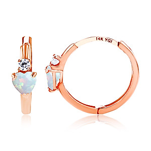 Solid 14K Rose Gold 4mm Heart Created Opal October Birthstone Huggie Earrings For Women & 2mm Created White Sapphire Huggie hoop Earrings For Women