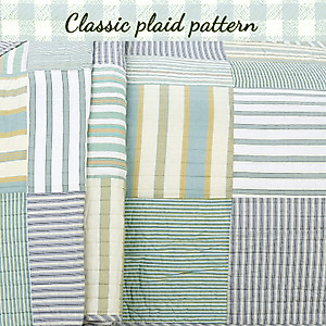 Cozy Line Home Fashions Green Yellow Blue Plaid Striped Real Patchwork 100% Cotton, Reversible Coverlet, Bedspread, Quilt Bedding Set (Green Patchwork, Twin - 2 Piece)
