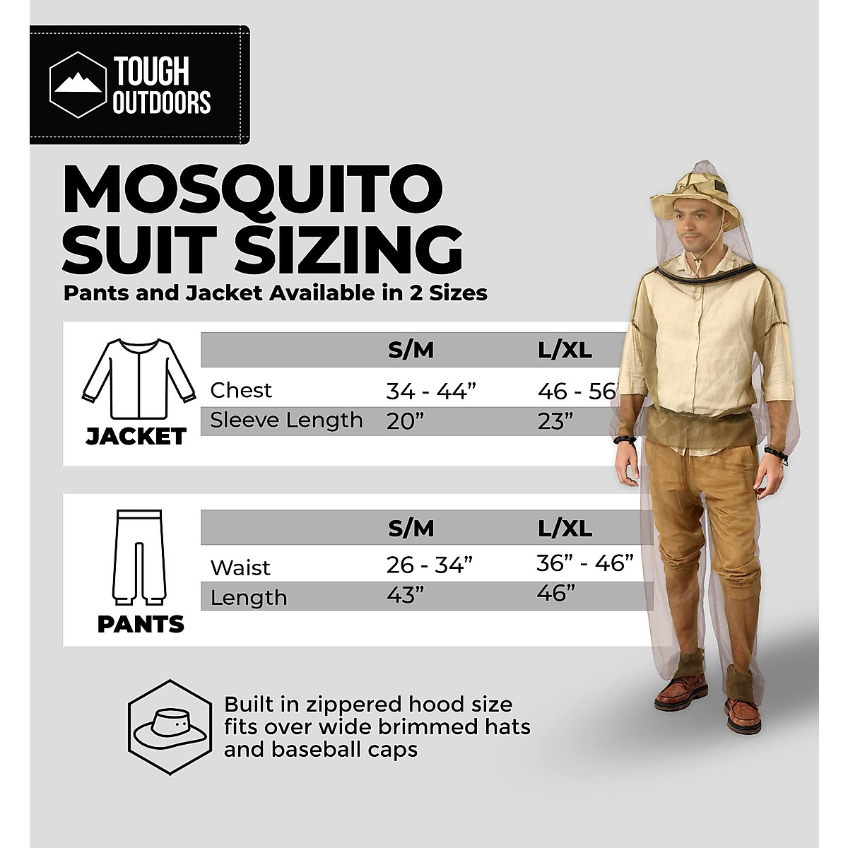 Tough Outdoors Mosquito Suit - Net Bug Pants & Jacket w/Hood - Mesh Bug Suit for Outdoor Protection from Bugs, Flies, Gnats, No-See-Ums & Midges - Clothing for Men & Women - w/Free Carry Pouch - Large