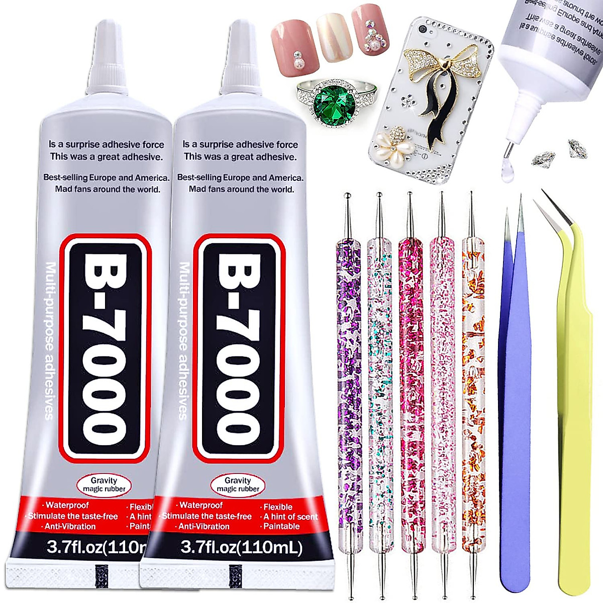 2pcs x 110ML B7000 Rhinestone Glue Clear, Upgrade B7000 Glue Multi-Function Adhesive Jewelry Glue for Jewelry Repair, Metal Stone Crafts, Fabric, Shoes, Wood Glass Bead with Dotting Pens and Tweezers
