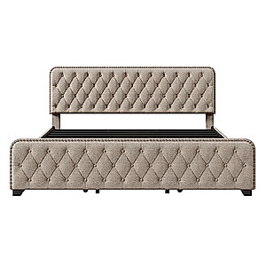 King Size Upholstered Platform Bed Frame with 4 Storage Drawers, Metal Bed Frame with Button Tufted Headboard and Footboard Sturdy Wood Slat Support, No Box Spring Required, Beige (Beige-KZC9A)