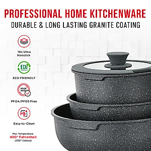 Bakken 15-Piece Non-Stick Cookware Set with Detachable Handles – Granite Stackable Pots and Pans Set, Dishwasher Safe, Oven-Safe, and Compatible Kitchen Essential for All Stoves – Black Granite.