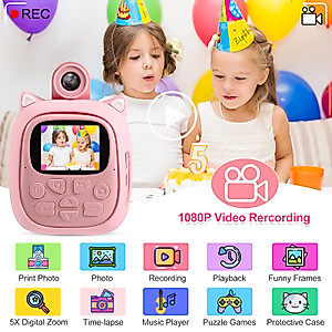 MINIBEAR Instant Print Camera for Kids Camera for Girls 50MP Kids Digital Camera, Toddler Camera Travel Essential Toys Christmas Birthday Gifts for Girls and Boys Kids Selfie Video Camera, Pink