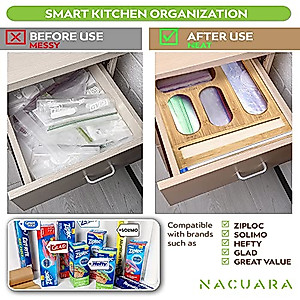 NACUARA Ziplock Bag Organizer Storage for Kitchen Organization, Bamboo Drawer, Foil and Plastic Wrap Dispenser with Cutter, Quart, Gallon, Sandwich, Snack, Compatible with Ziploc Variety Size