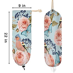 Flowers Large Grocery Bag Holder, Plants Butterfly Bird Plastic Bag Organizer with Hanging Loop Washable Grocery Bag Storage Dispenser for Home Kitchen Office Travelling Pantry Decor