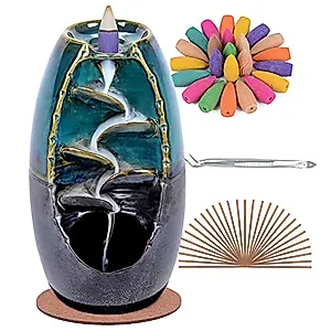 SPACEKEEPER Ceramic Backflow Incense Holder Incense Burner Waterfall, with 120 Backflow Incense Cones + 30 Incense Stick, Aromatherapy Ornament Home Decor, Blue Set