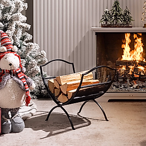 Goplus 19” Folding Firewood Rack, Outdoor Portable Fireplace Log Rack w/Convenient Handle, Heavy-Duty Steel Frame, Indoor Compact Firewood Storage Holder, Perfect for Fireplace, Firepit, Black