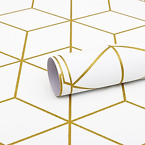 Peel and Stick Wallpaper Gold and White Contact Paper Geometric Wallpaper Self Adhesive Removable Wallpaper for Walls Covering Vinyl Rolls 118"x17.7"