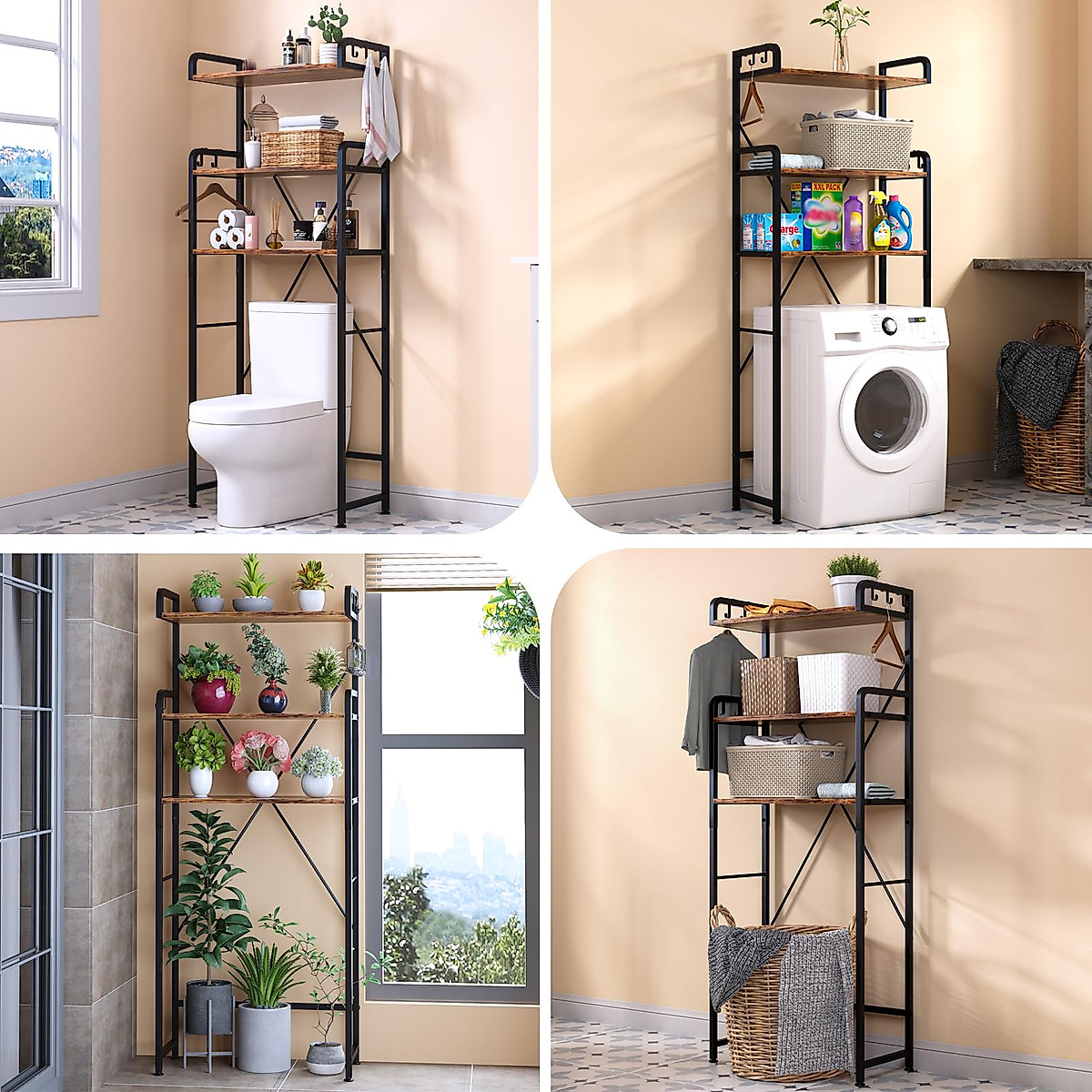 Huhote Over The Toilet Storage Rack with 3-Tier Bathroom Shelves, Space Saver Toilet Shelf, Bathroom Storage Organizer with Hooks for Over Toilet Storage and Bathroom Shelf (Rustic Brown)
