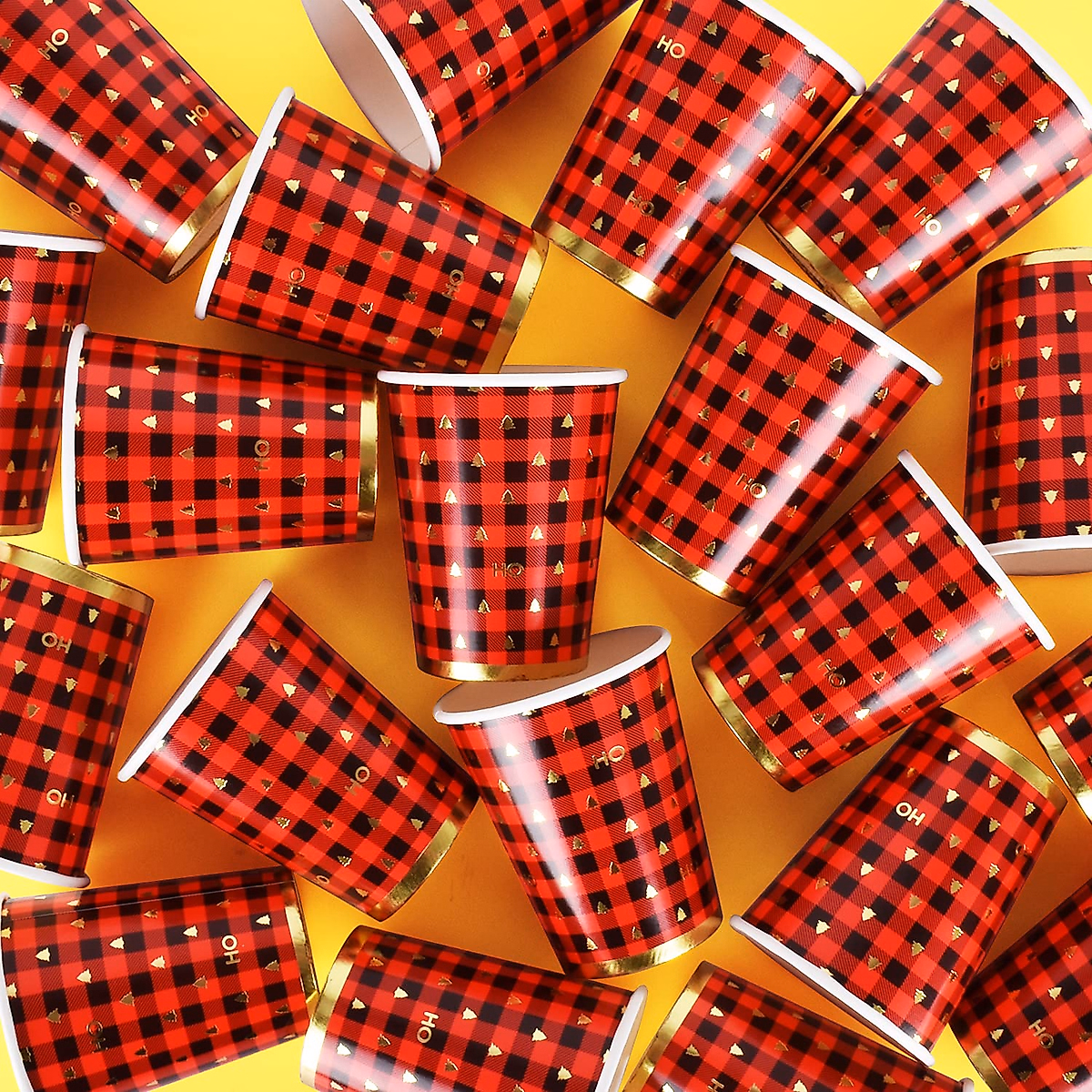 Gatherfun Christmas Cups, Red and Black Plaid Golden Christmas Tree Disposable Paper Cups for Christmas Party Supplies Decorations, 9 OZ 20 Pack