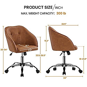 Yaheetech Faux Leather Desk Chair, Makeup Vanity Chair with Adjustable Tilt Angle, Swivel Office Chair Upholstered Armchair Study Chair for Bedroom and Makeup Room Retro Brown