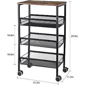 SEHERTIWY Kitchen Storage Rolling Cart, 4-Tier Kitchen Island Cart on Wheels with Wooden Shelves, Lockable Utility Cart with Mesh Baskets for Narrow Space on Dining Room Bathroom，Black
