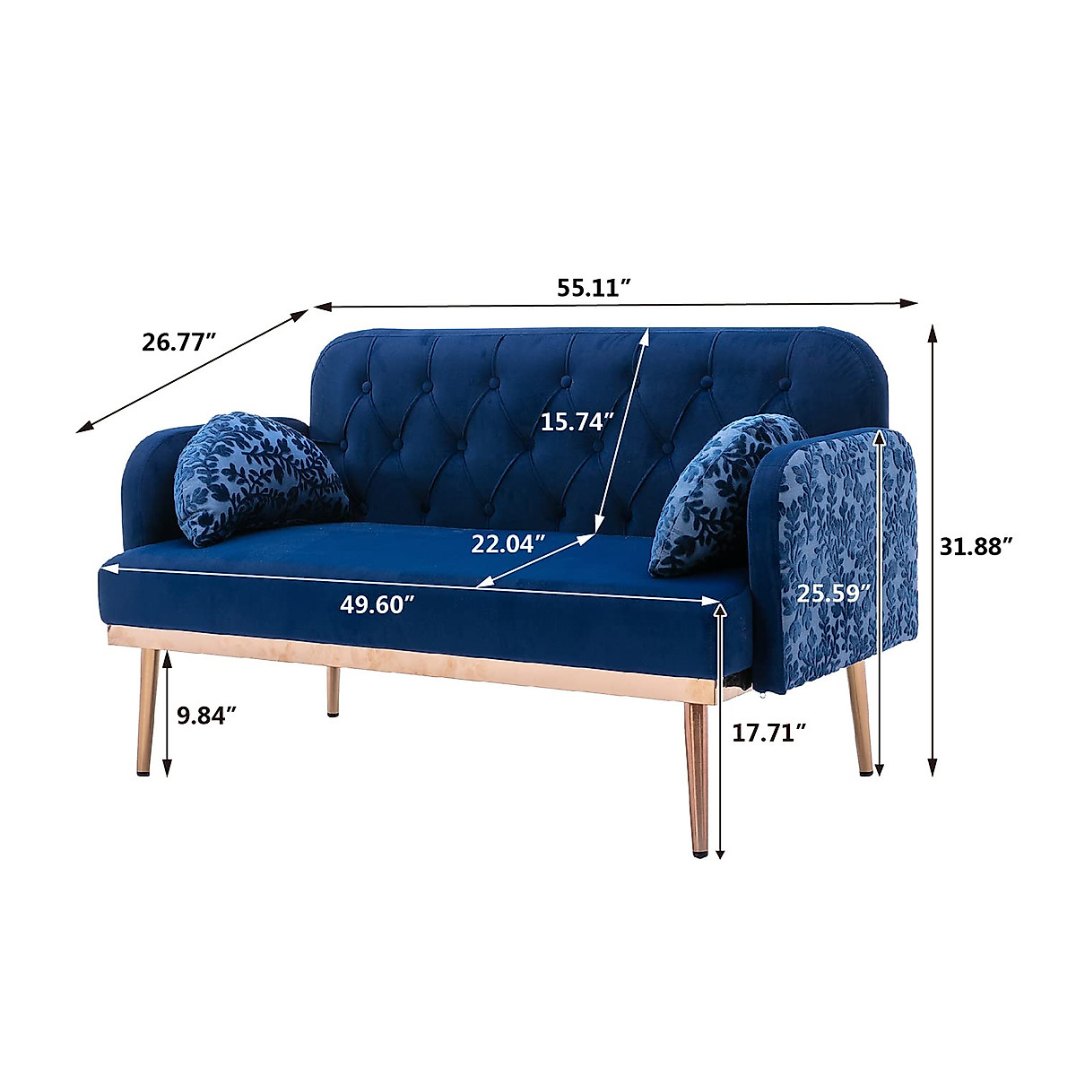 55-inch Small Velvet Couch with Elegant Moon Shape Pillows, Twin Size Loveseat Accent Sofa with Golden Metal Legs, Living Room Sofa with Tufted Backrest, 600 Pounds Weight Capacity, Navy Blue