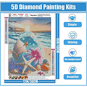 5D Diamond Painting Kits for Adults - Beach Diamond Art Kits for Adults Kids Beginner,DIY Starfish Seashells Diamond Painting Full Drill Round Rhinestone for Home Wall Decor 11.8X15.7inch