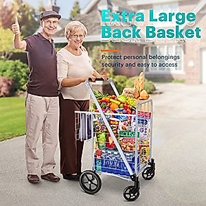 Shopping Cart, Jumbo Double Basket Grocery Cart 340 lbs Capacity Folding Shopping Cart with 360° Rolling Swivel Wheels Super Loading Utility Shopping Cart for Laundry, Shopping, Grocery, Luggage