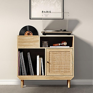 Vintage Record Player Stand, Vinyl Record Storage Table ,Turntable Stand Record Player Cabinet with Storage, Vinyl Record Player Stand with Rattan Door, Printer Stand with Open Storage Shelves-Natural
