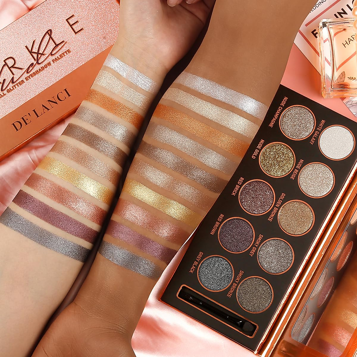 10 Color All Glitter Eyeshadow Palette, DE'LANCI Shimmer Sparkle Metallic Eye Makeup, Neutral Nude Smokey Highly Pigmented Ultra-Blendable Powder Eyeshadow, Talc Free, Hypoallergenic, Vegan