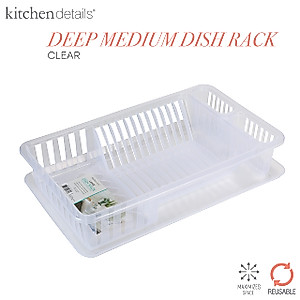 Kitchen Details Medium Dish Rack with Tray | Dimensions: 18.11" x 11.02" x 3.45" | Plastic | 12 Plate | Kitchen Accessories | Tray |Cutlery Basket | Clear | Sink Accessories | Clear