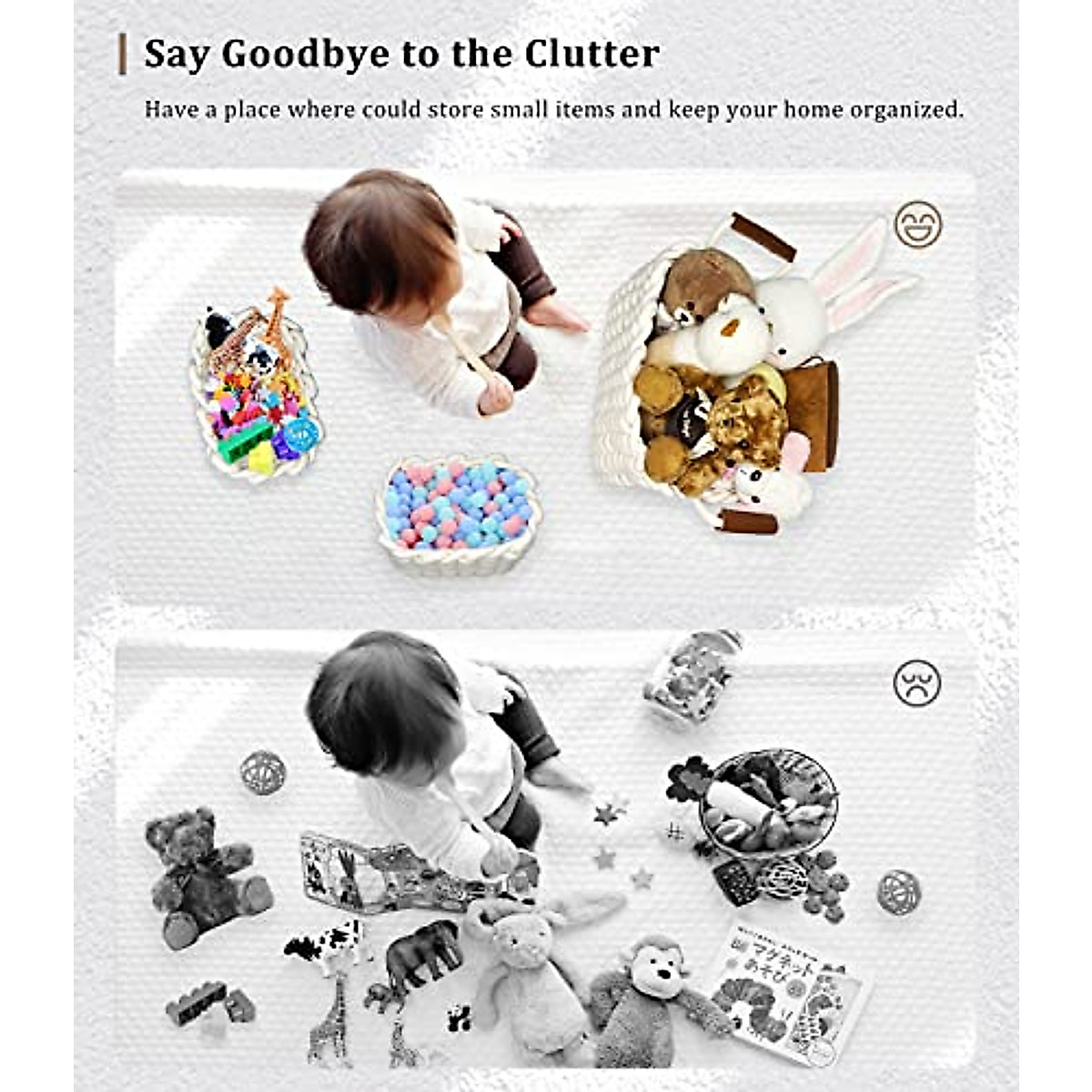 3-Piece Woven Baskets for Storage, Verkigle White Cotton Rope Basket with Handle, Decorative Cute Baskets for Room Desktop Organizing, Empty Gift Basket, Small Shelf Basket for Baby Nursery