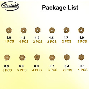 GUOFALDE Brass Jet Nozzles, Range Stove Oven Orifice Conversion Kit M6x0.75 mm Gas Spray Tip 0.3/0.4/0/7/0.8/0.9/1.0/1.1/1.2/1.5/1.7/1.9mm(Pack of 36), Propane Lpg Gas Pipe Parts, Propane Orifice