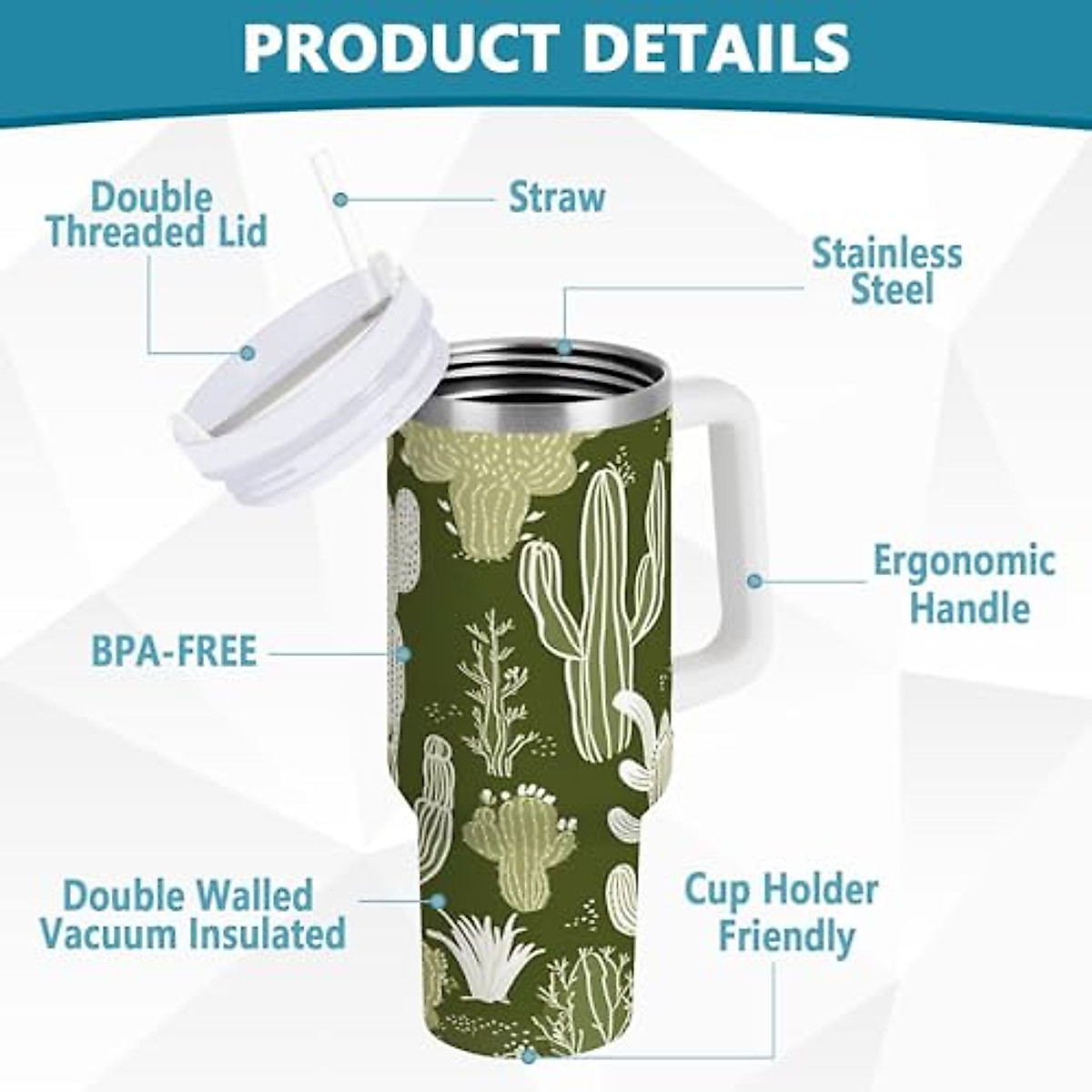 Jihqo Cute Cactus Green 40 oz Stainless Steel Vacuum Insulated Tumbler with Handle and Straw Lid, Leakproof Water Bottle Double Wall Travel Mug Coffee Cup, Cupholder Friendly