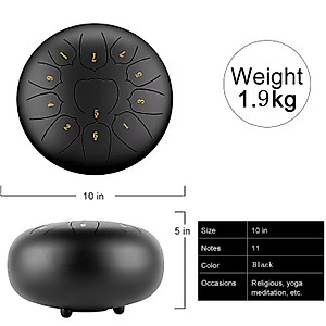 Steel Tongue Drum, CEOMO 11 Notes 10 Inch Percussion Instrument, D Key Tongue Drum For Kids And Adults Meditation Drum Musical Education Mind Healing Yoga Black