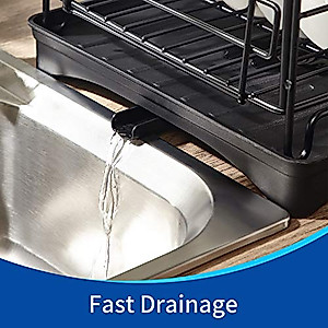 Flaovoth Dish Drying Rack, Dish Drainers for Kitchen Counter Dish Rack with Drying Drainboard and Utensil Holder, Rust-Proof Stainless Steel, Black, 16.65’’L x 11.93’’ W x 6.41’’H