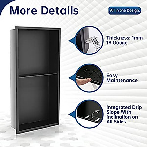 APPASO Shower Niche Insert 24" x 12" Matte Black Double Shelf Organizer, Square Corners 304 Stainless Steel Modern in Wall Bathroom Niche NO Tile Needed Niche de Douche
