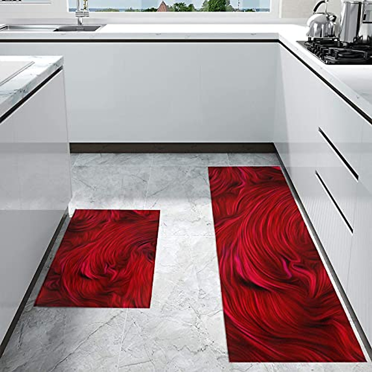 Abstract Art Kitchen Mats 2 PCS Anti-Fatigue Kitchen Rugs, Non Slip Kitchen Rugs and Mats Cushioned Standing Desk Mat Floor Mats for Home,Sink,Office,Kitchen, Red Liquid Artistic Texture