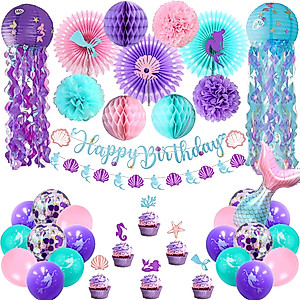 Ouddy Life Mermaid Birthday Party Decorations, 48Pcs Happy Birthday Banner Jellyfish Lantern Cake Topper Mermaid Balloons for Little Mermaid Theme Birthday Baby Shower Ocean Party Supplies Favors Girl