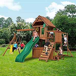 Swing-N-Slide WS 8352 Knightsbridge Ultimate Swing Set with Slide, Monkey Bars, Climbing Wall, Wood Roof, Picnic Table & Glider, Wood, Green