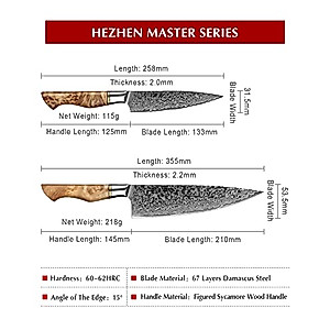 HEZHEN-67 LAYES Damascus Steel Kitchen Knife Set 2PCS,8.3'' Chef knife 5" Utility Knife Figured Sycamore Wood Handle with Gift Box