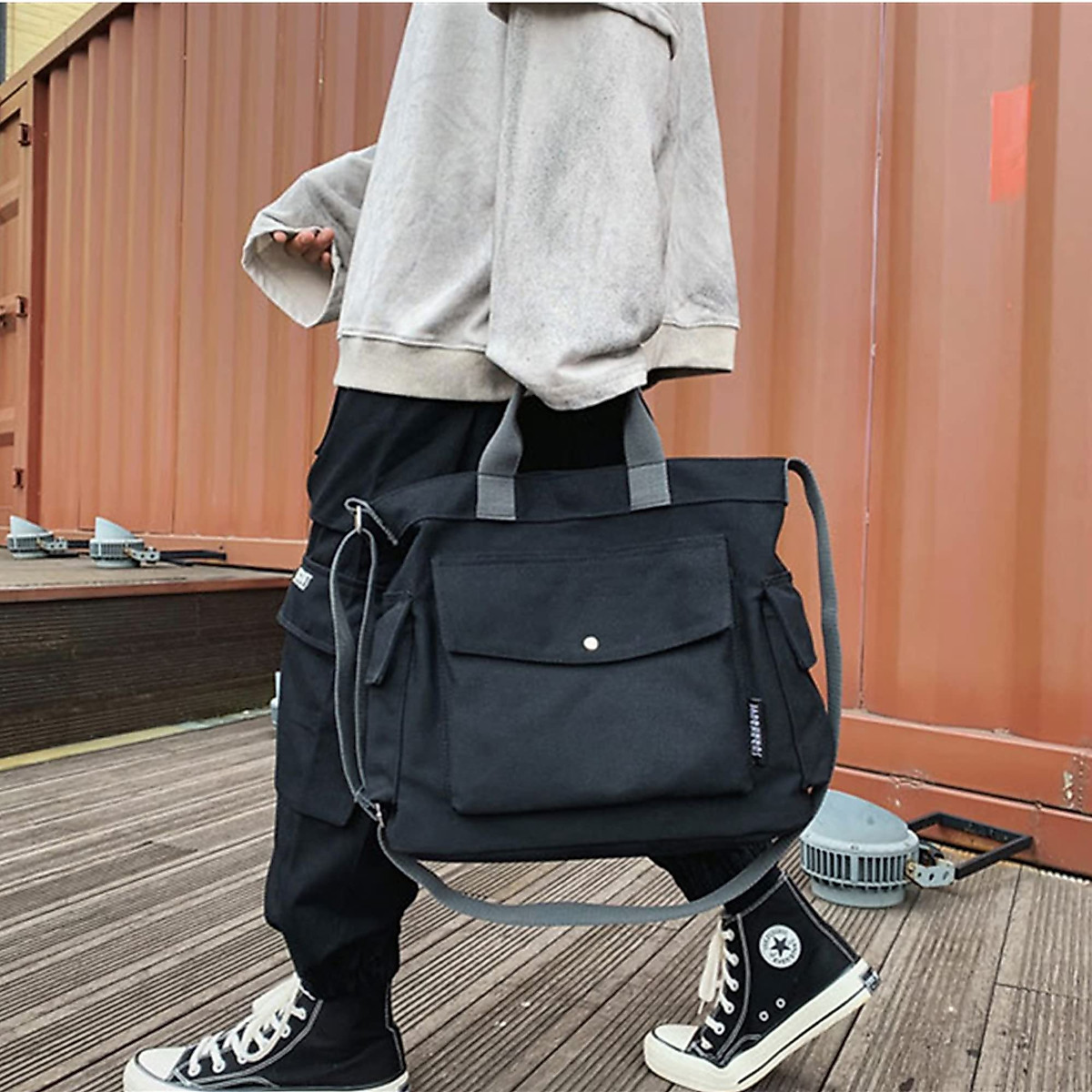 Canvas Tote Bag for Women Canvas Crossbody Tote Shoulder Purse Bag with Pockets for Women for Shopping, Travel and Work (Black)