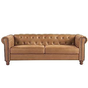 Lunanniu 80.31" Chesterfield Tufted Fabric Sofa 3 Seat Capacity High Tech Fabric Rolled Arm Nailhead Trim Thick Cushion Deep Seat Button Tufted Back Classic for Living Room Apartment Brown