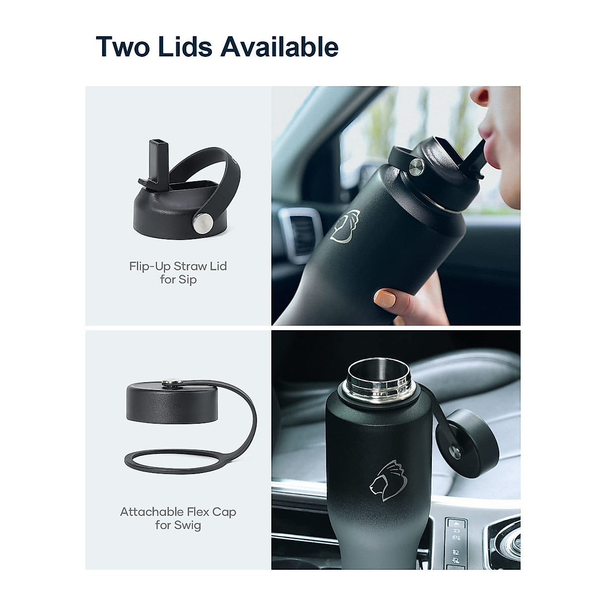 BUZIO 40 oz Insulated Water Bottle Tumbler with Straw and Lids (2 Lids), 40oz Stainless Steel Water Bottles Fits in Any Car Cup Holders, Large Capacity Metal Coldest Flask, Cupholder Friendly, Shadow