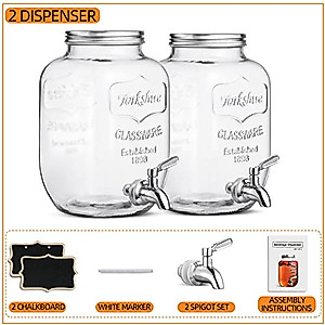1-Gallon Glass Beverage Dispenser with Stainless Steel Spigot - [2 Pack] Drink Dispensers for Parties - Mason Jar Drinking Dispenser with Lid, Wooden Chalkboard