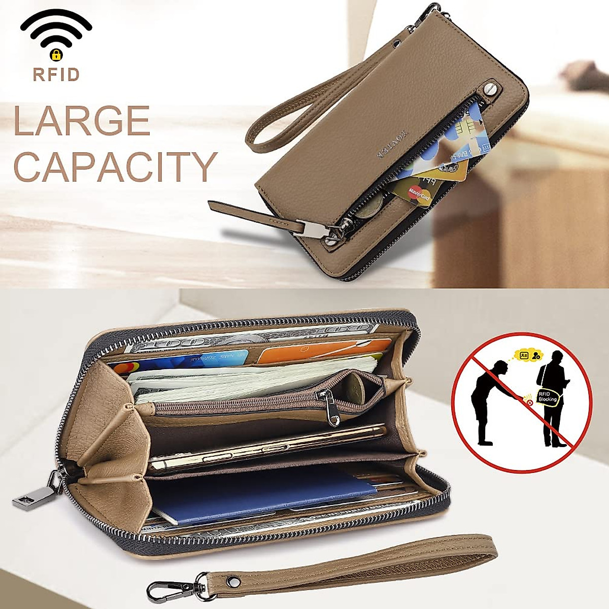 YOVIEE Wallets for Women RFID Blocking Large Capacity Genuine Leather Zip Womens Wallet Credit Card Holder Checkbook Organizer Phone Clutch Long Travel Coin Purse Wristlet