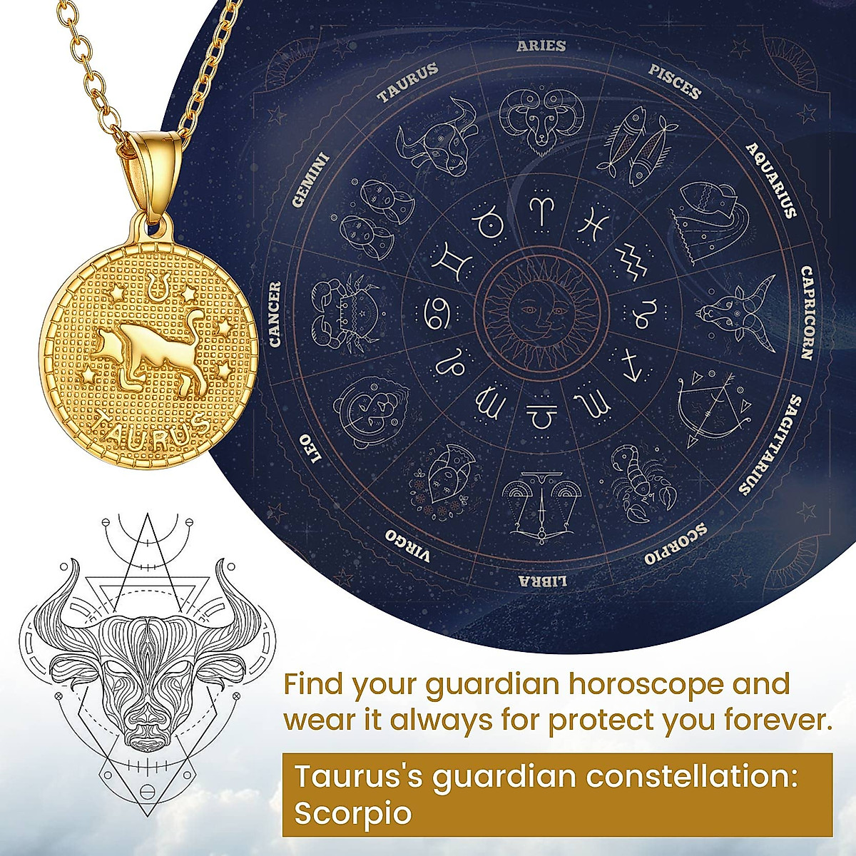 GOLDCHIC JEWELRY Women's Taurus Necklaces, 12 Constellation Gold Tau Pendant Necklace Star Sign Jewellery Gifts