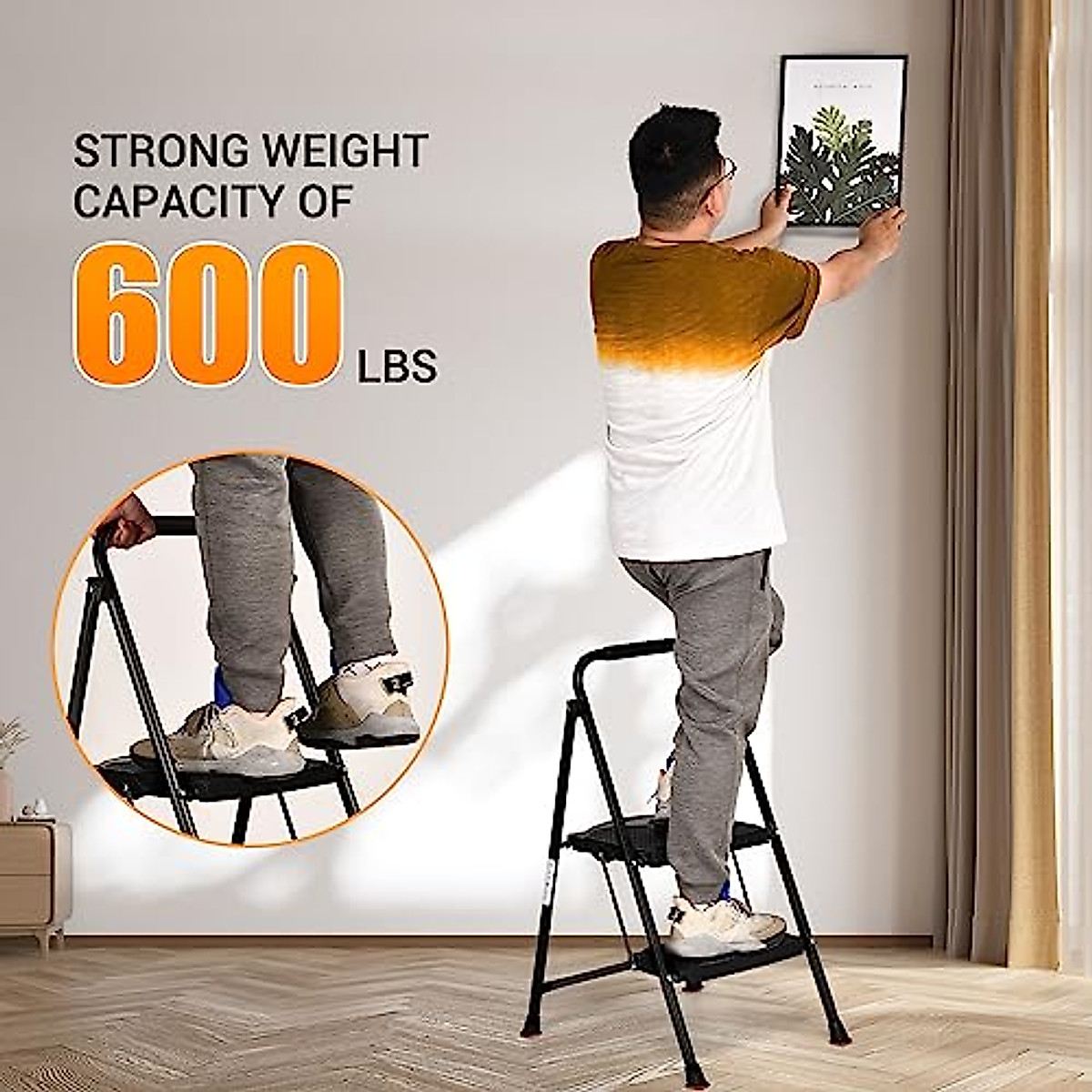 ALPURLAD Step Ladder 600lbs Extra Large & Wide 2 Step Stools Personalized Folding Step Stool Anti-Slip Step Stools for Adults Household, Kitchen Foldable Step Stool