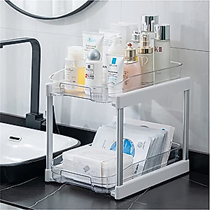 Peohud 2-Tier Under Sink Organizer, Double Sliding Cabinet Basket Organizer Drawer, Easy Access Pull Out Bathroom Vanity Counter Tray, Multi-purpose Storage Bins Rack for Kitchen Office Pantry Dorm