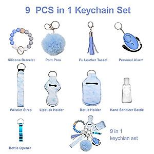 METURE Safety Keychain for Women Keychain Bracelet for Women with Personal Alarm Protection Accessories 9pcs Silicone Beaded Elastic Girl Keychain Set Girl Key Chains for Car Keys Blue
