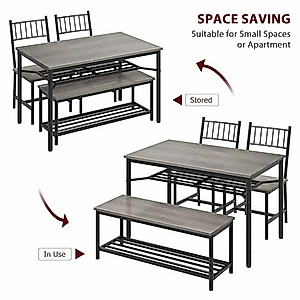 IDEALHOUSE Dining Table Set for 4, Kitchen Table and 2 Chairs with Storage Bench, 47.2" Rectangular Kitchen Table Set with Wine Rack, Dining Room Table Set for Small Space, Apartment, Rustic Gray