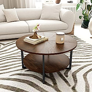 LEEMTORIG 33.5" Round Coffee Table with Storage, Farmhouse Coffee Table for Living Room, Solid Wood Circle Center Table, Rustic Brown Wood Tabletop & Metal Frame, KFZ-1338-NC
