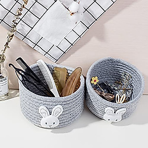 LixinJu Small Basket for Organizing Small Woven Basket Set of 2 Bunny Small Rope Basket Decorative Mini Storage Bins Round Little for Desk Dog Cat Toy Kids Baby Girls Gifts, Gray